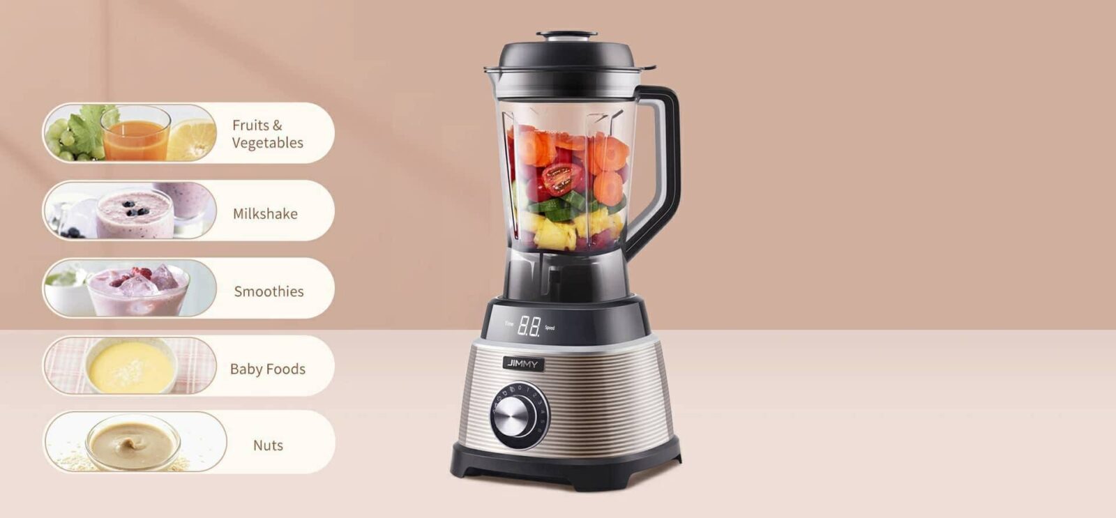 JIMMY B53 1000W Smart High Speed Blender with LED Display, Stainless Steel blades, Self-Cleaning ...